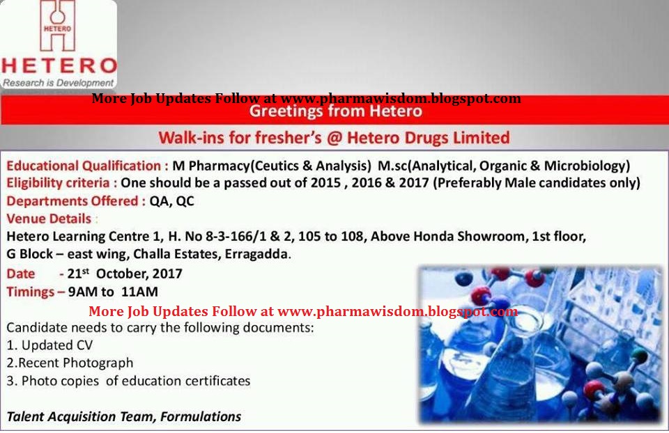HETERO DRUGS LIMITED - Walk-In Interviews for Fresher's on 21st October ...