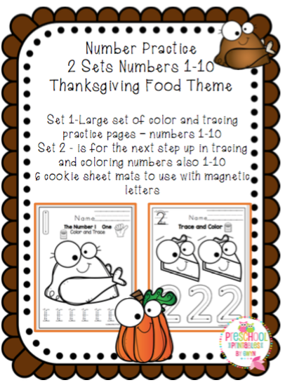 Thanksgiving Fun Number Practice- 2 Sets - "No Prep" ~ Preschool Printables
