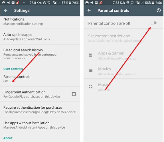 Set up parental controls on Android Google Play Store with Pin code