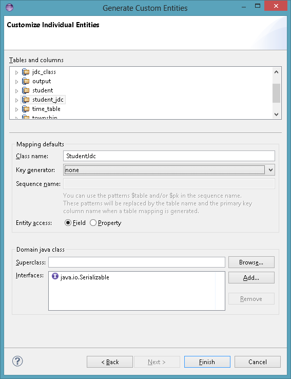 Myanmar Java User: Creating Entities from Tables