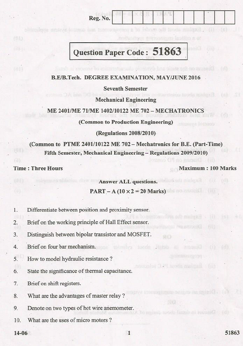 ME2401 Mechatronics May June 2016 Question Paper - University Question ...