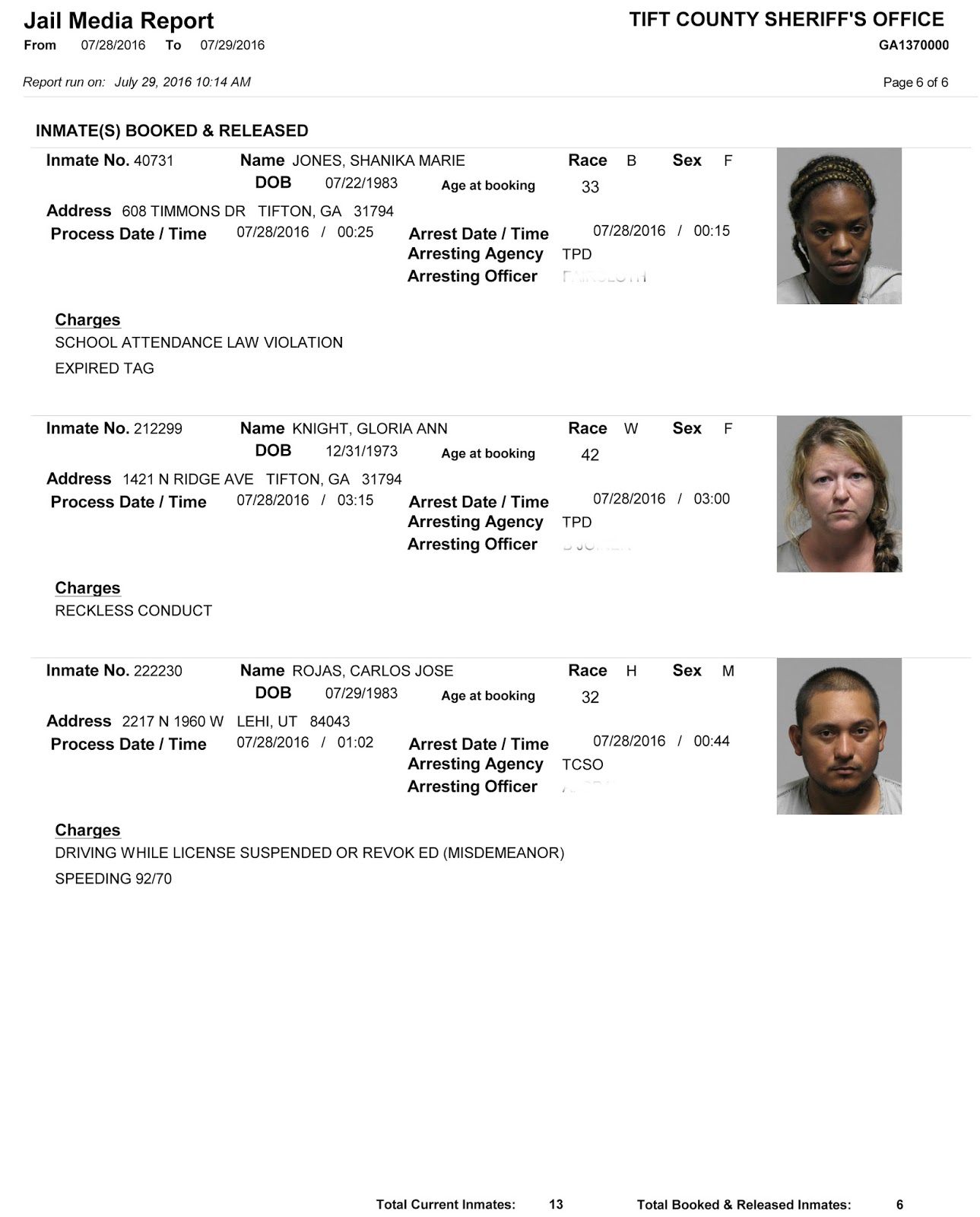 Tiftarea News: Tift County Jail Report 7/29/2016
