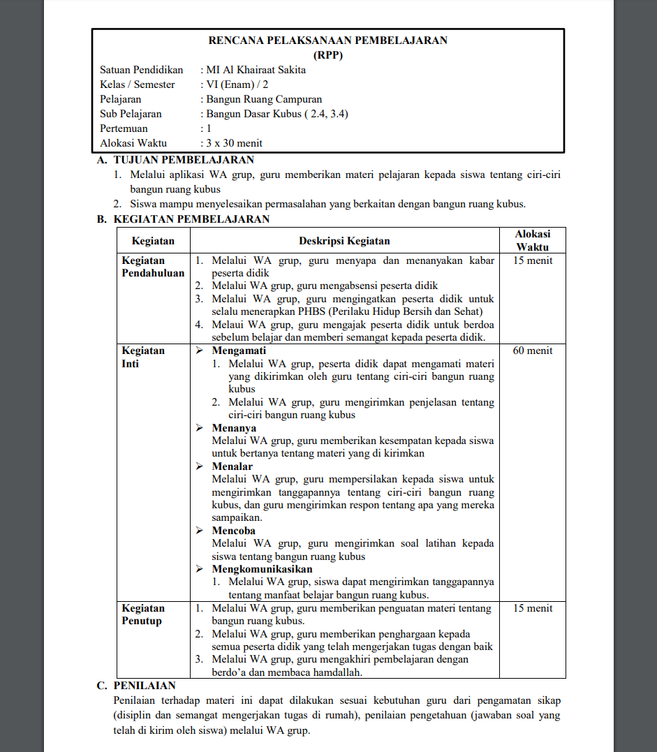 Download Contoh RPP 1 Lembar - Matematika SD Kelas VI - Bangun Ruang ...