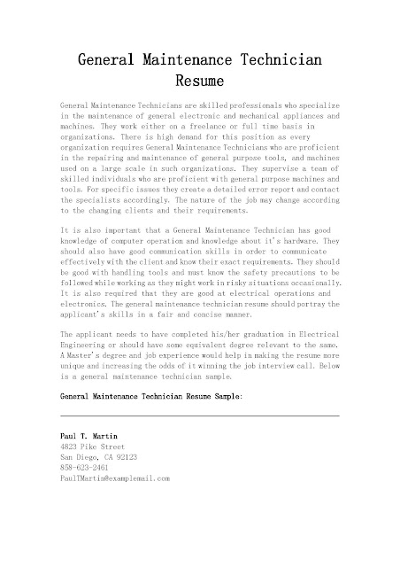 Resume Samples: General Maintenance Technician Resume