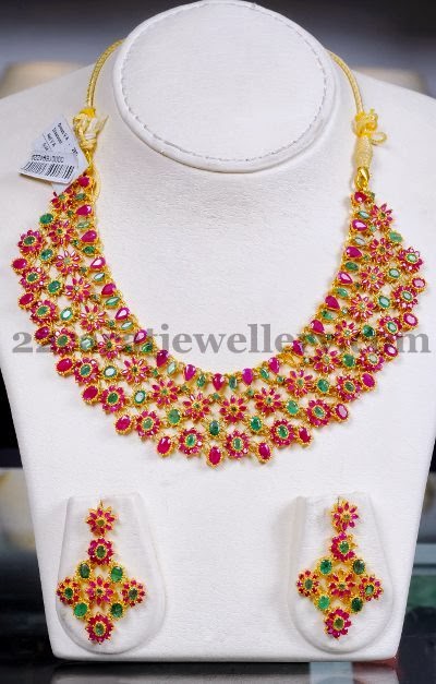Flower Patterned Ruby Set with Hangings - Jewellery Designs