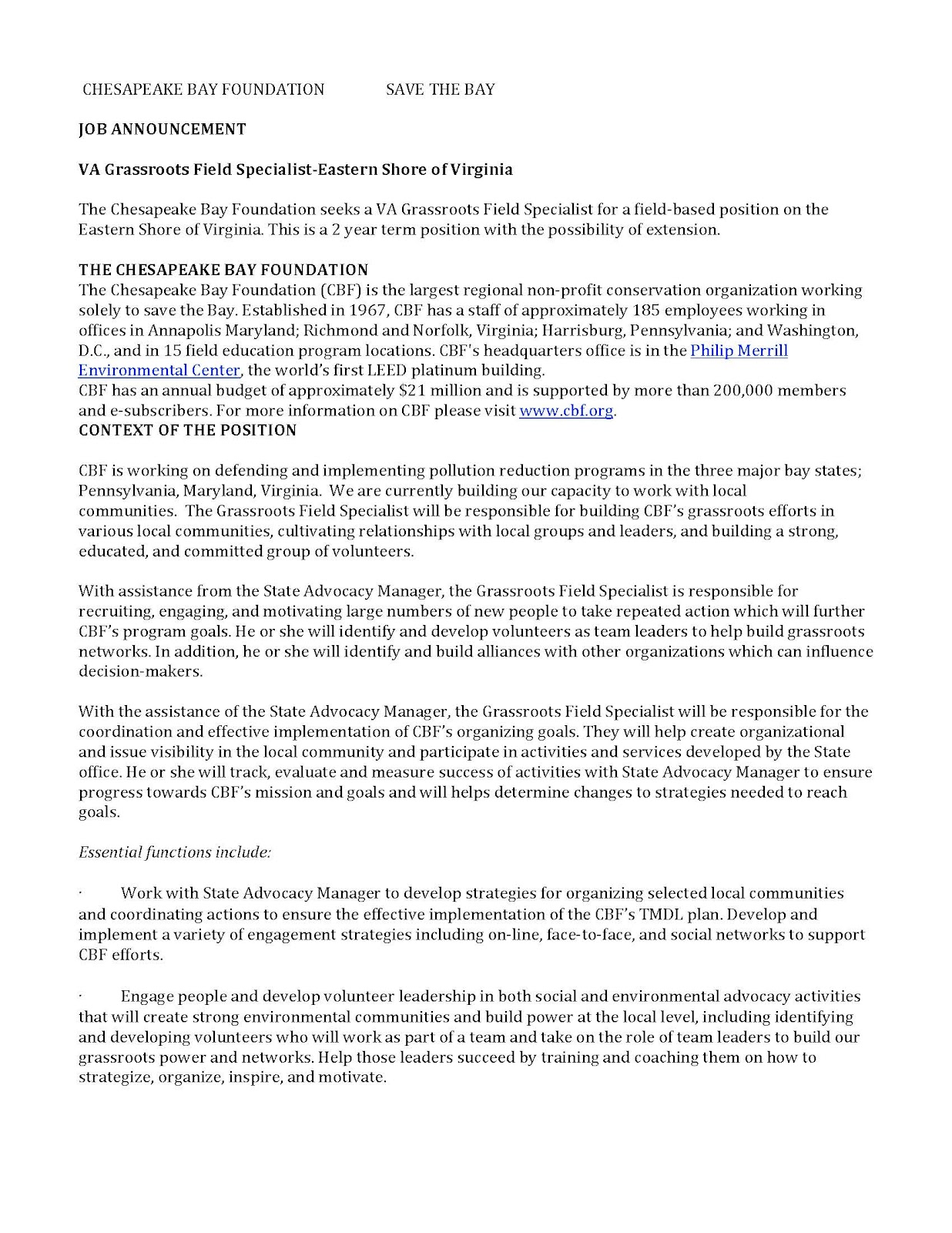 JMU Engineering Blog: Chesapeake Bay Foundation Job Opportunities