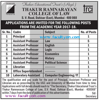 Thakur Ramnarayan College of Law, Mumbai, Wanted Assistant Professors ...
