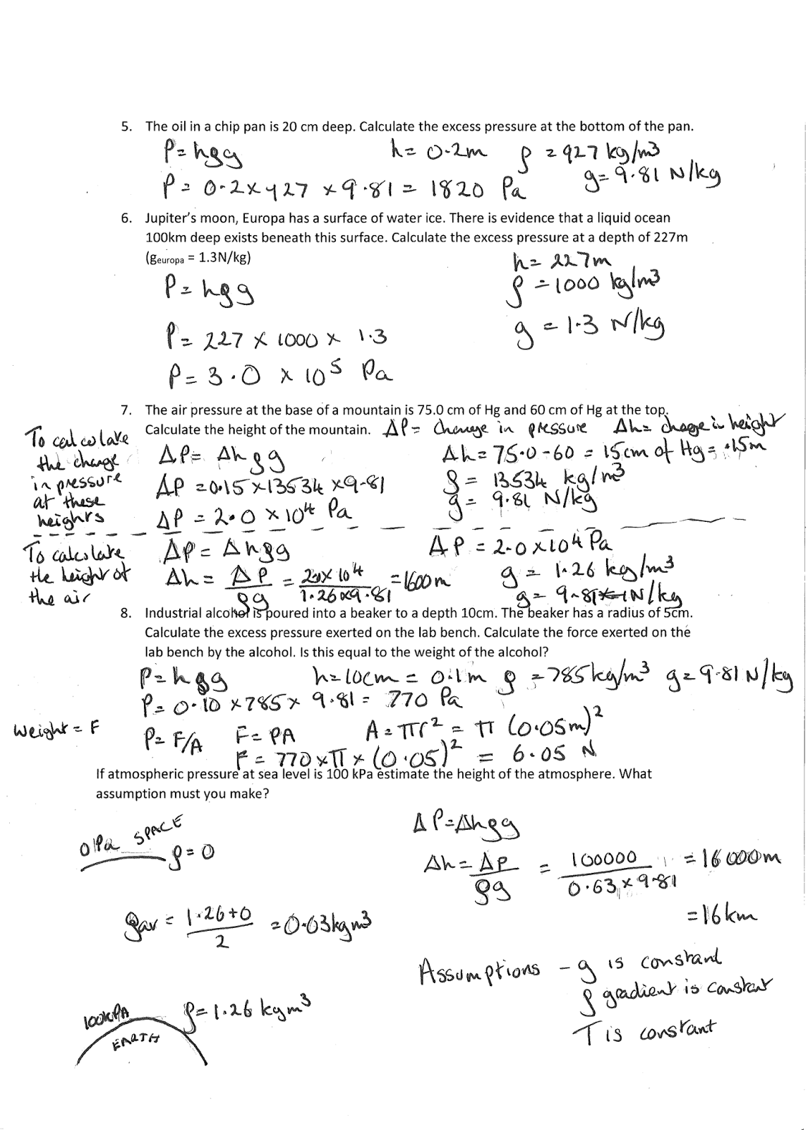 A Level Homework and Answers: Pressure in Fluids