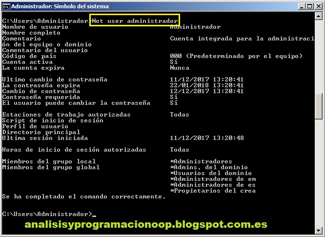 Análisis y Programación: Comando Net User de Windows