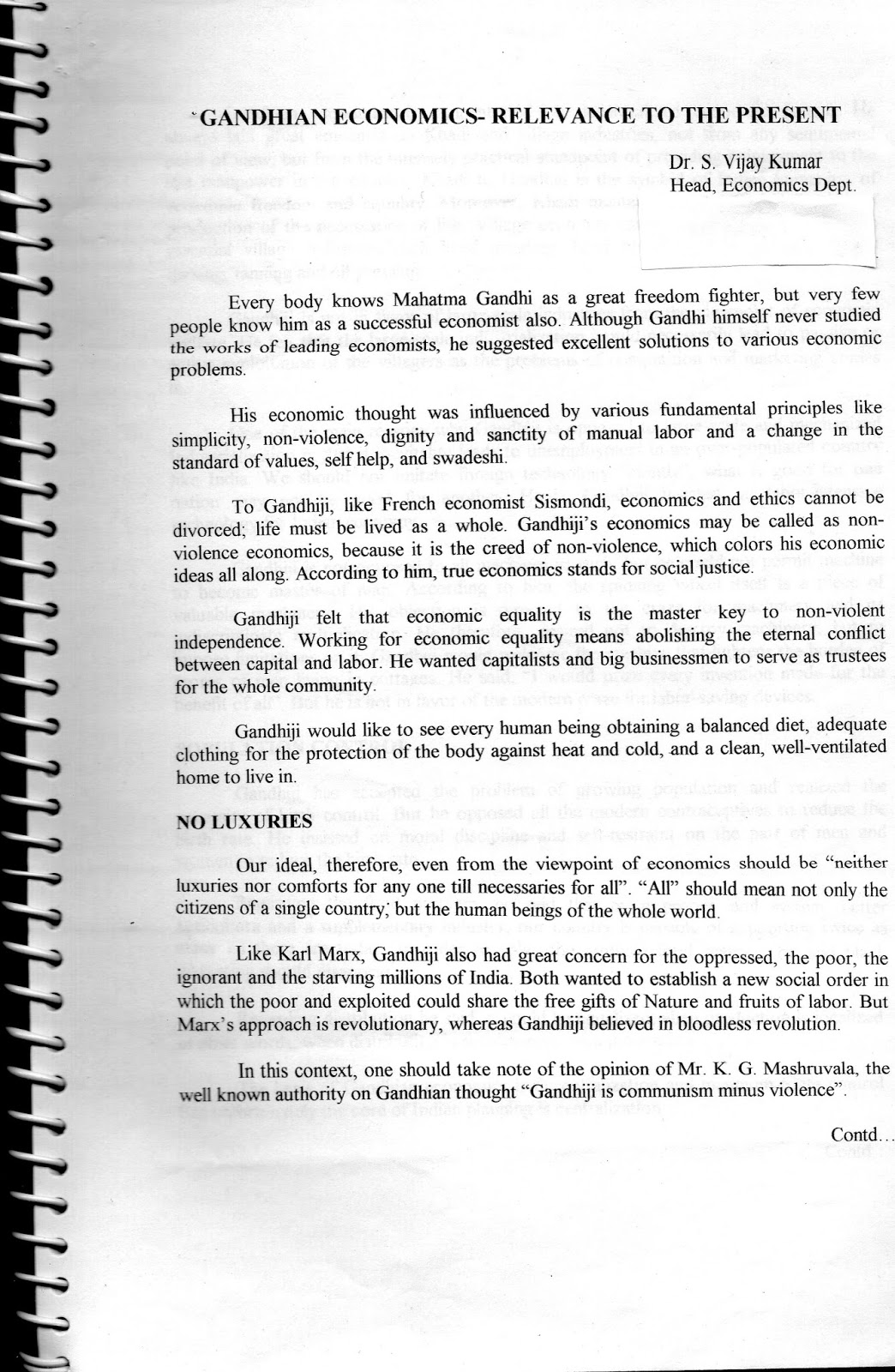 Vijay's Vision: Gandhian Economics - Relevance To The Present