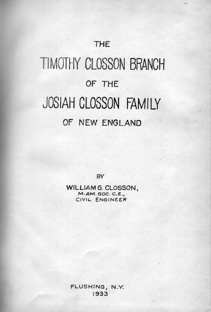 The Josiah Closson Family of New England by William G. Closson