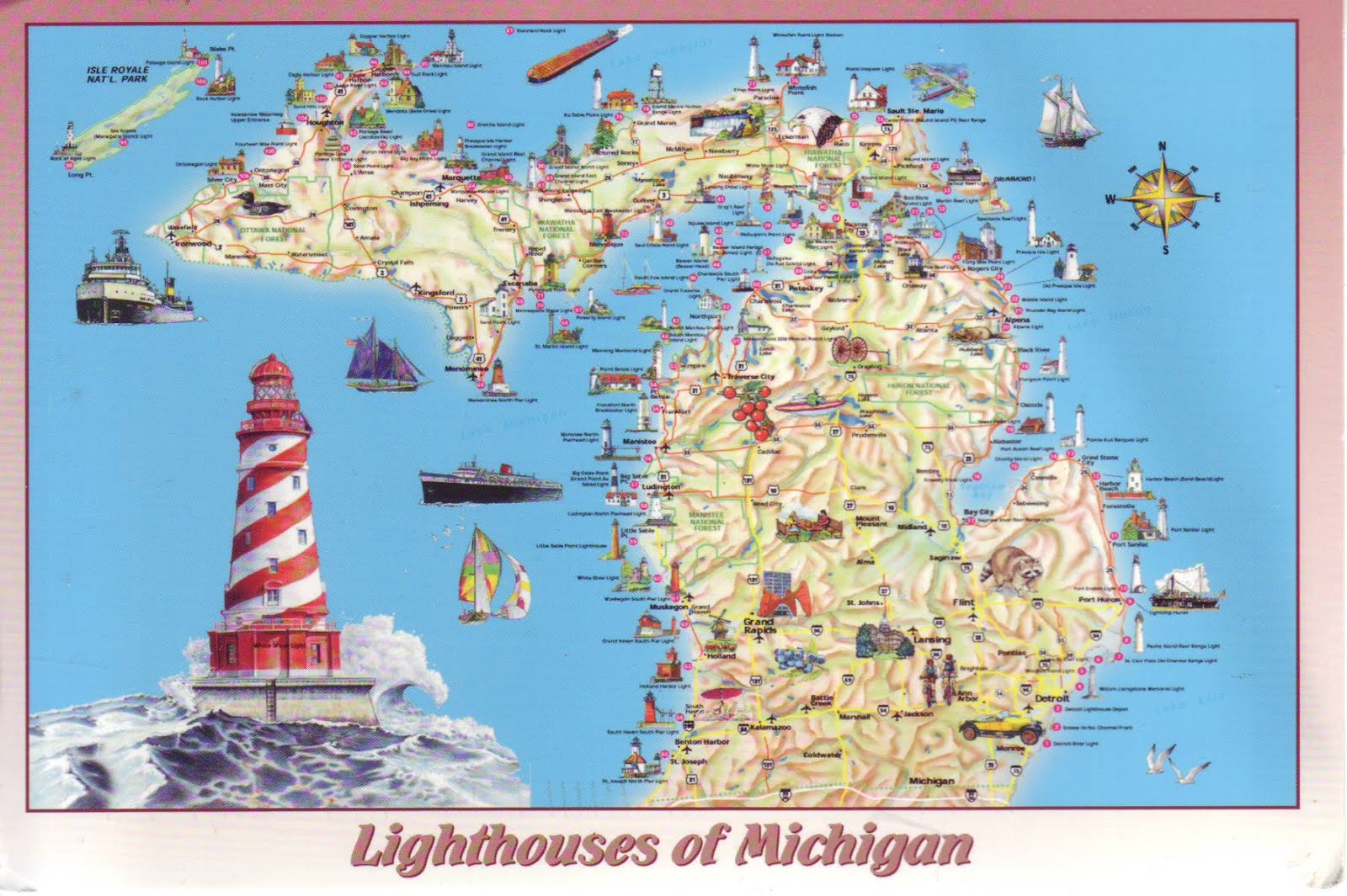 The World in Postcards - Sabine's Blog: Lighthouses of Michigan Map