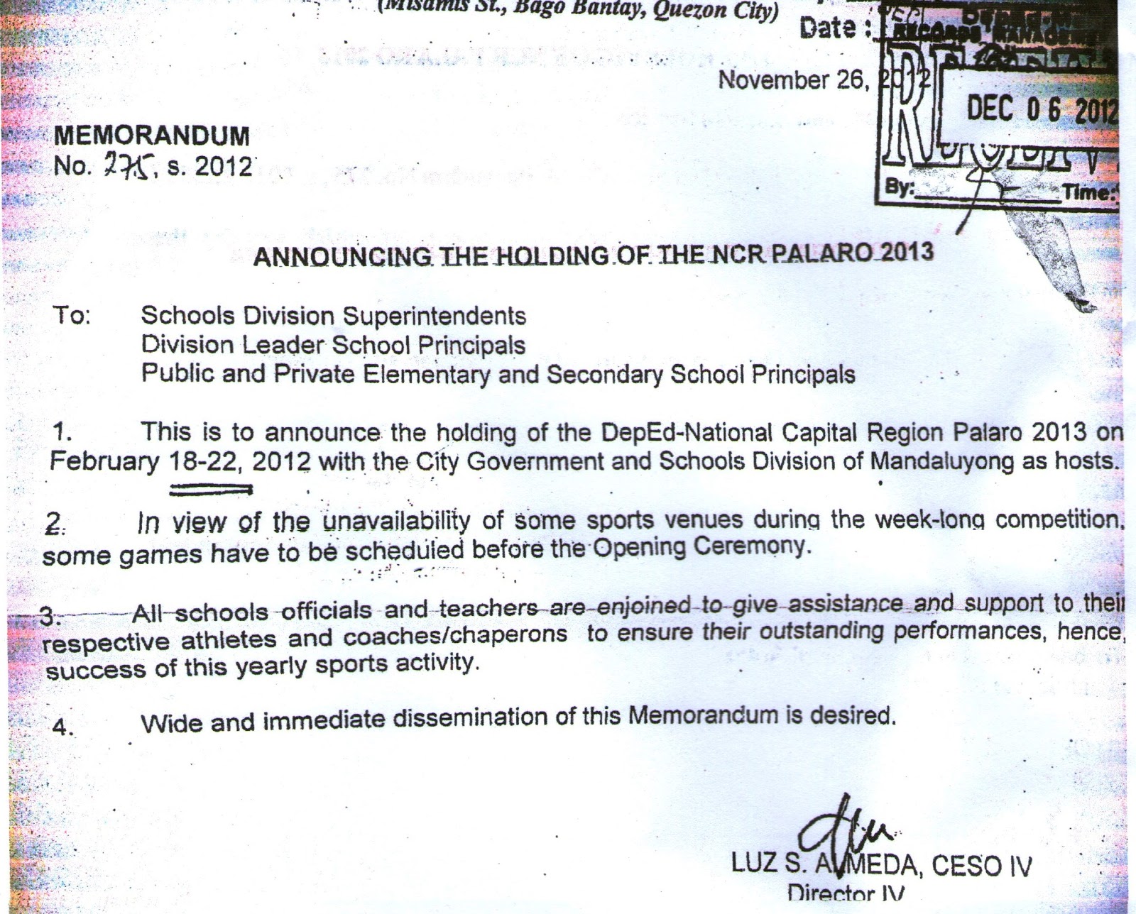 Department of Education Manila: Schedule of NCR Palaro 2013
