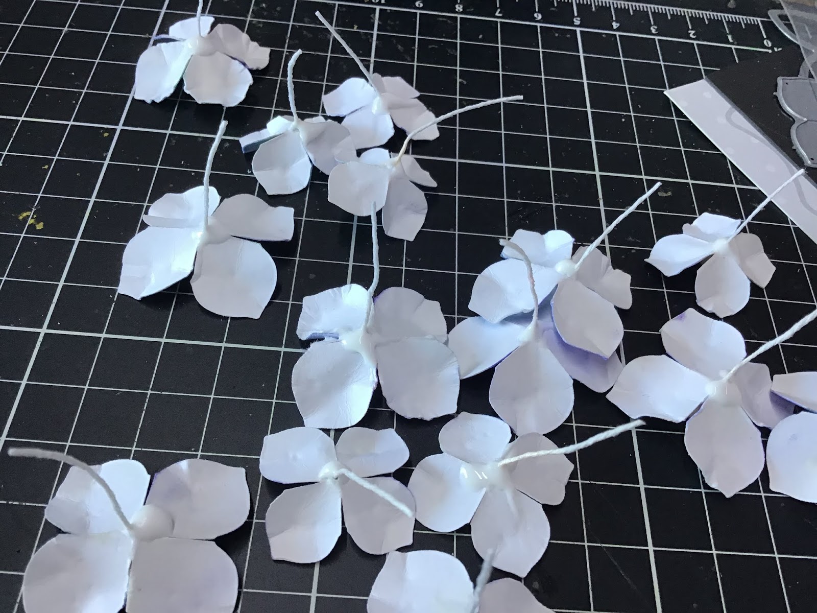 The Purple Magnolia Papercraft: Lilac and teal hydrangeas on lace