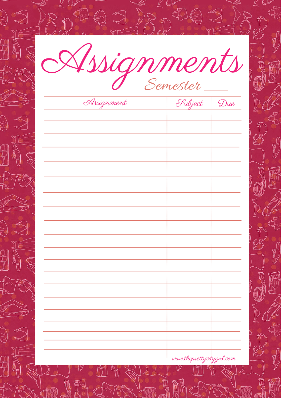 Assignments Printable - Pink Fashion - The Pretty City Girl