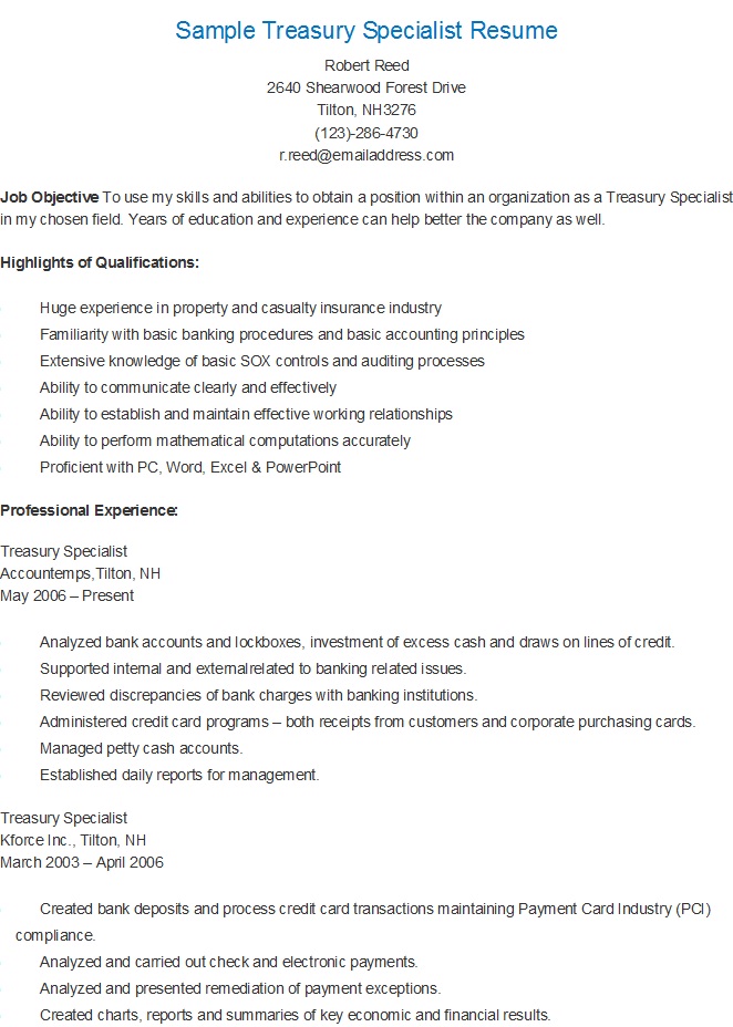 Resume Samples: Sample Treasury Specialist Resume