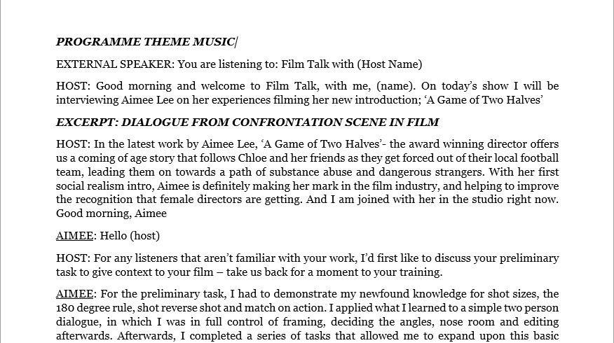 Aimee Lee AS Media: Radio Interview Script for Evaluation Question 7