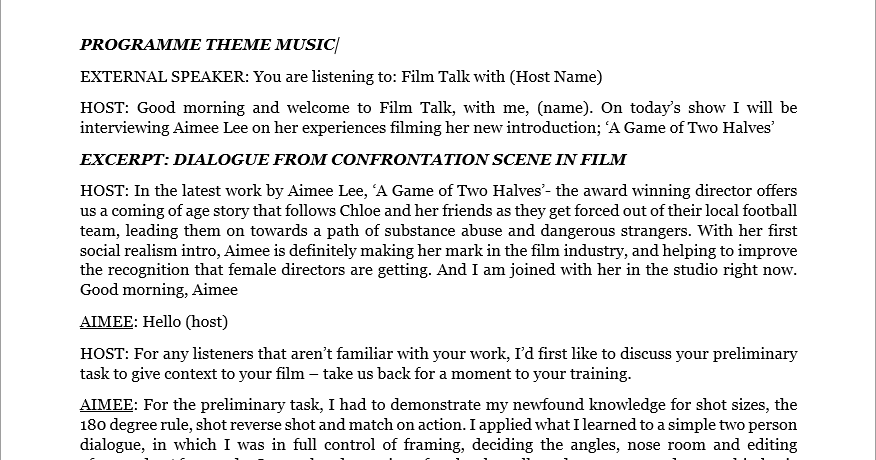 Aimee Lee AS Media: Radio Interview Script for Evaluation Question 7