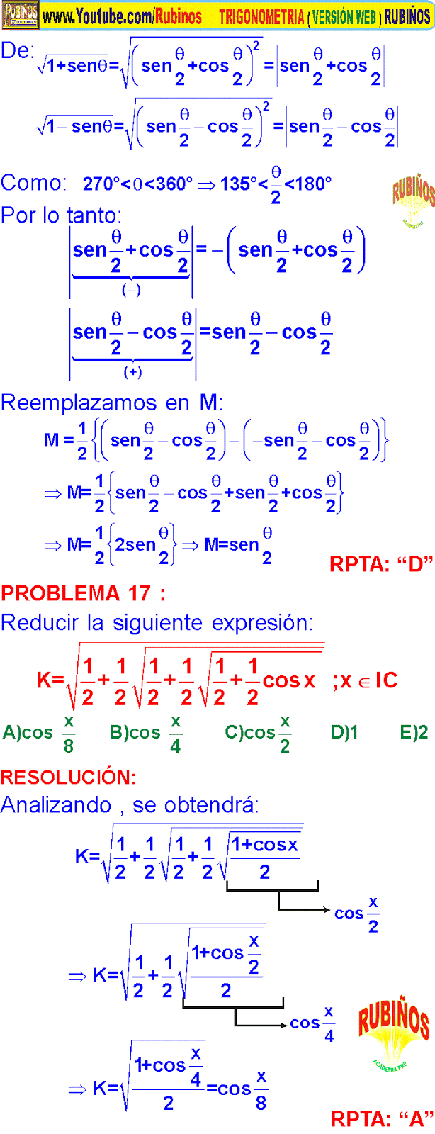 IDENTIDADES DEL ANGULO MITAD EJERCICIOS RESUELTOS DE TRIGONOMETRIA PDF