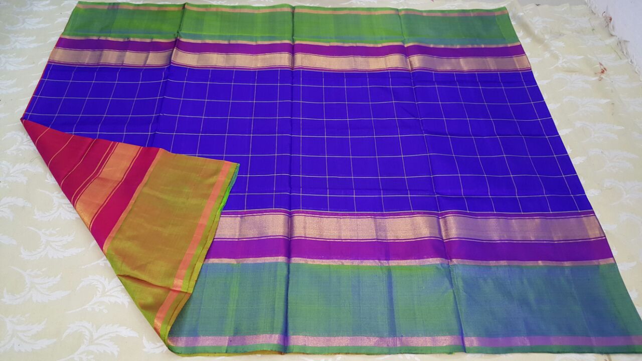 Indian Traditional Handloom Sarees: Uppada Checks silk sarees with blouse