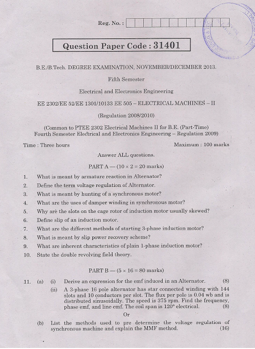EE2302 Electrical Machines II Nov Dec 2013 Question Paper - University ...