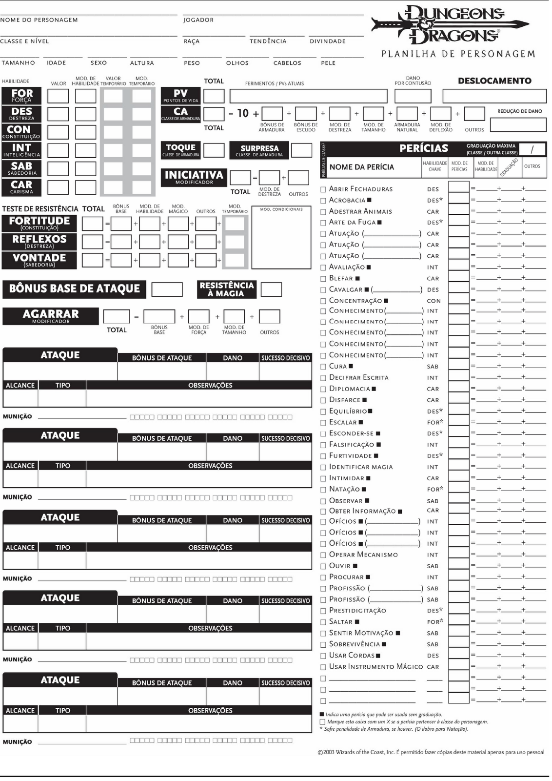 Ficha De Personagem Rpg - BRAINCP