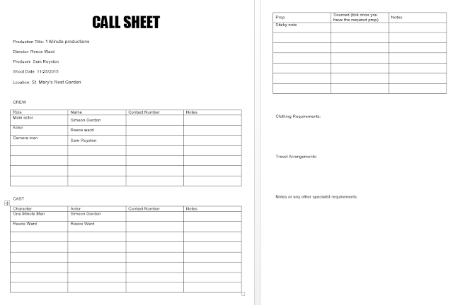 Secrets short film: call sheet