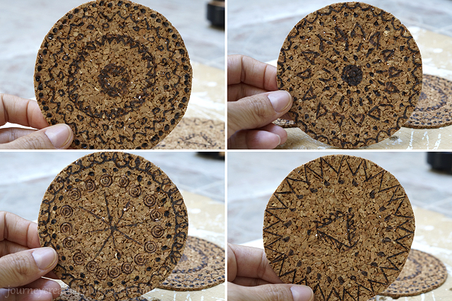 Cork pyrography coasters - Journey into Creativity