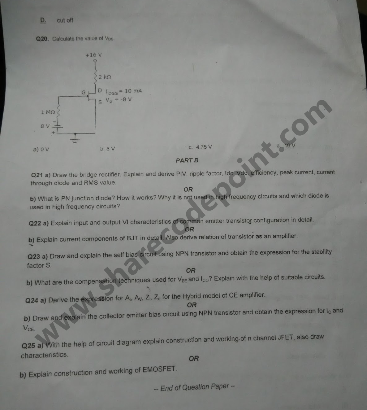 ECE206 : Electronic Devices And Circuits End Term Exam Question Paper ...