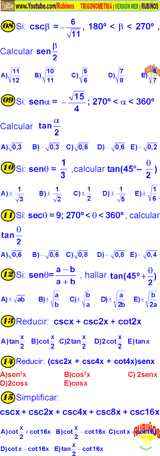 IDENTIDADES DEL ANGULO MITAD EJERCICIOS RESUELTOS DE TRIGONOMETRIA PDF