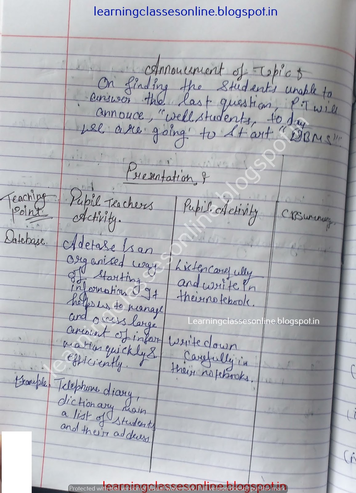 Lesson Plan For Computer Science For B Ed on DBMS