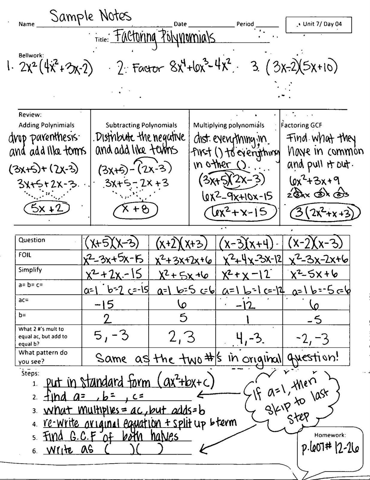 Algebra 1: Unit 7/Day 4: Factoring Polynomials