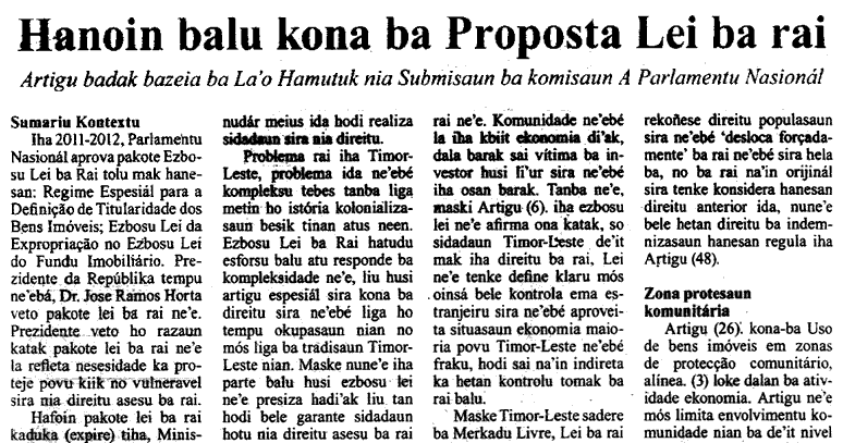 La'o Hamutuk: Hanoin balu kona ba proposta Lei ba Rai