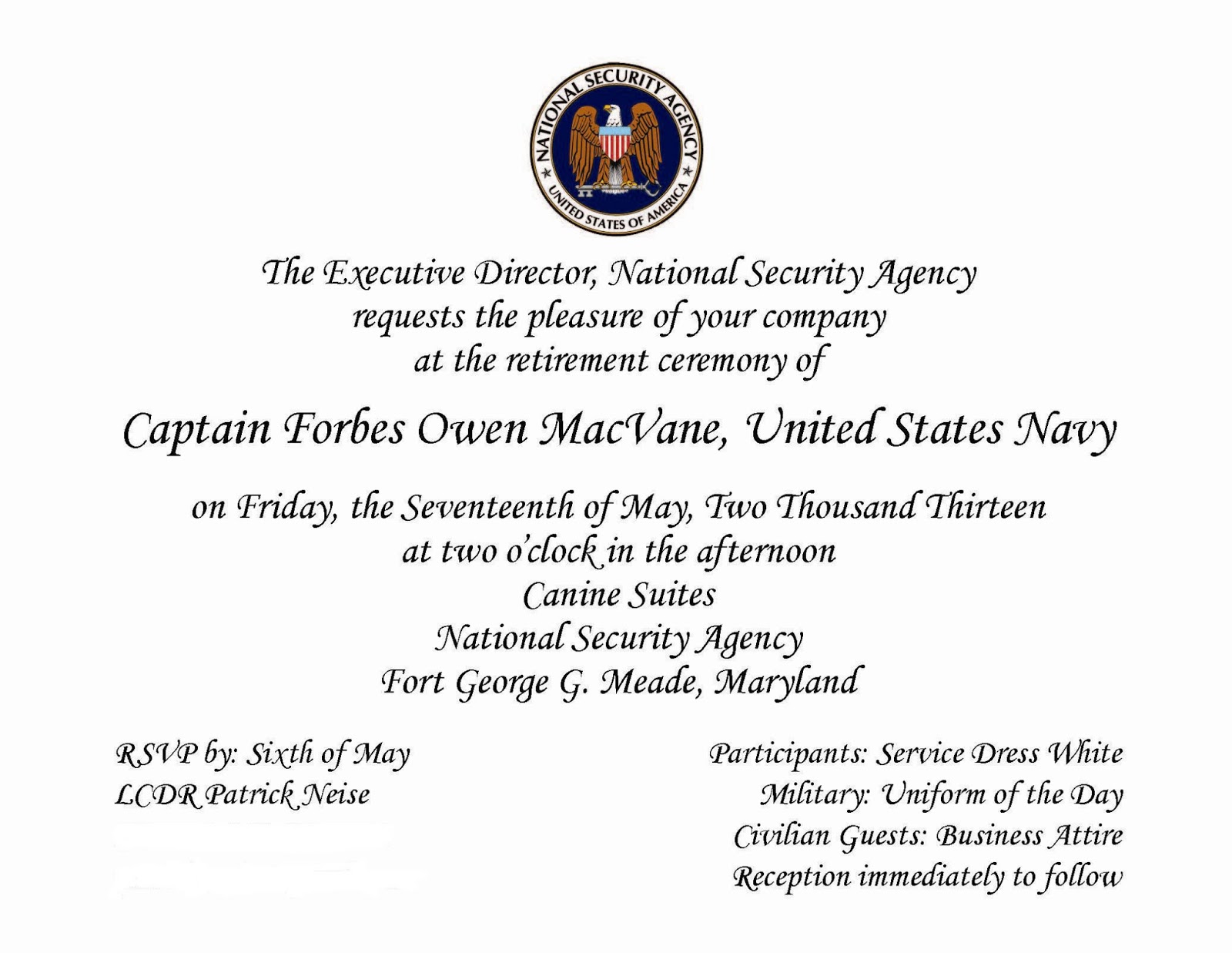 I Like The Cut Of His Jib !!: Captain Forbes Owen MacVane Retires