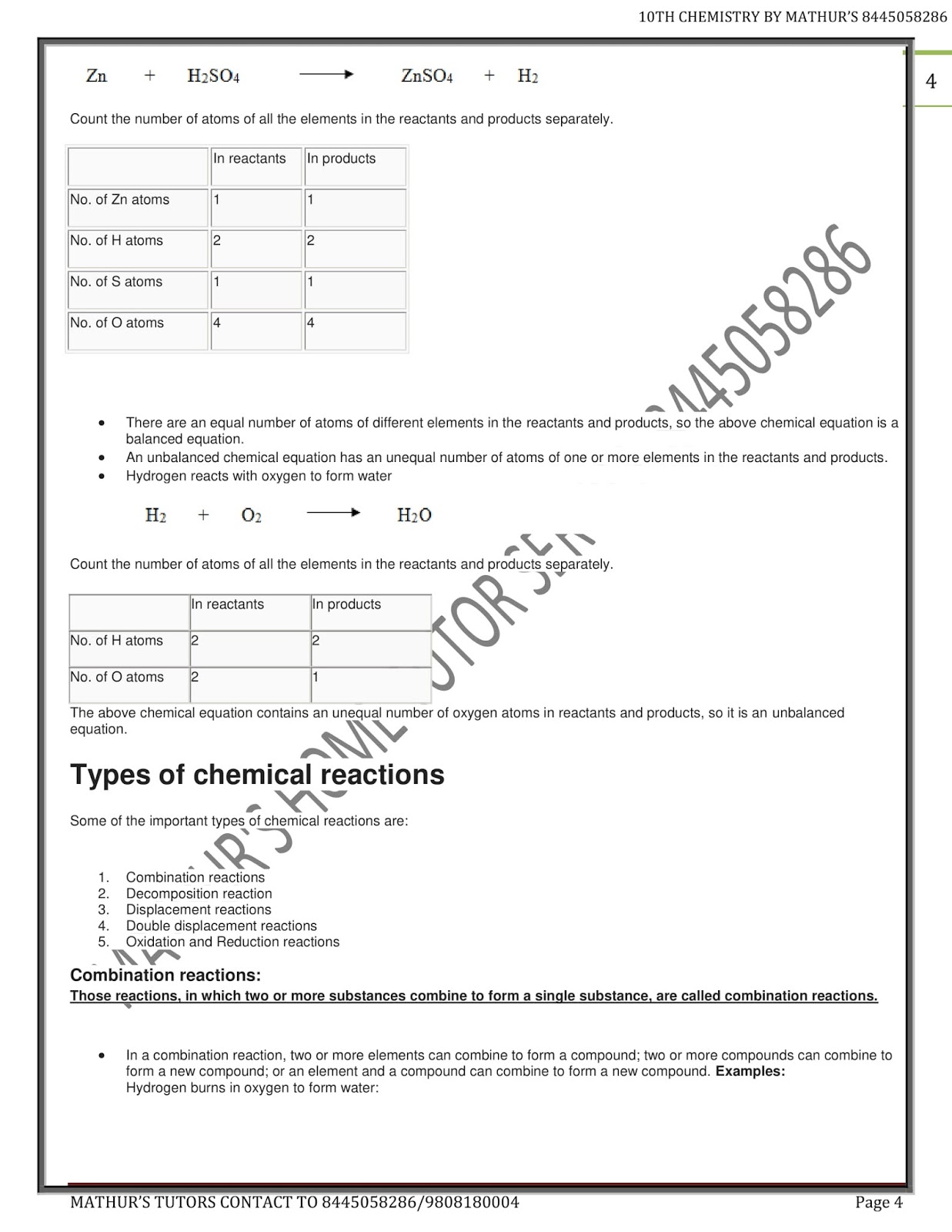Class 10(CBSE) Chemistry Notes Chemical Reactions and Equations ...