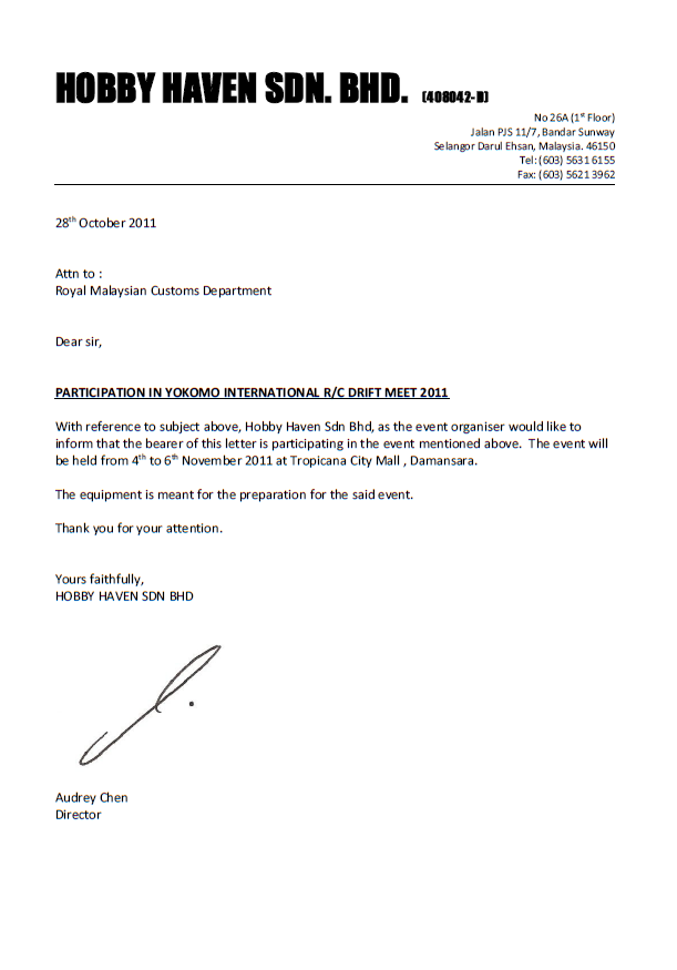 Yokomo International Drift Meeting: Letter for Custom Declaration