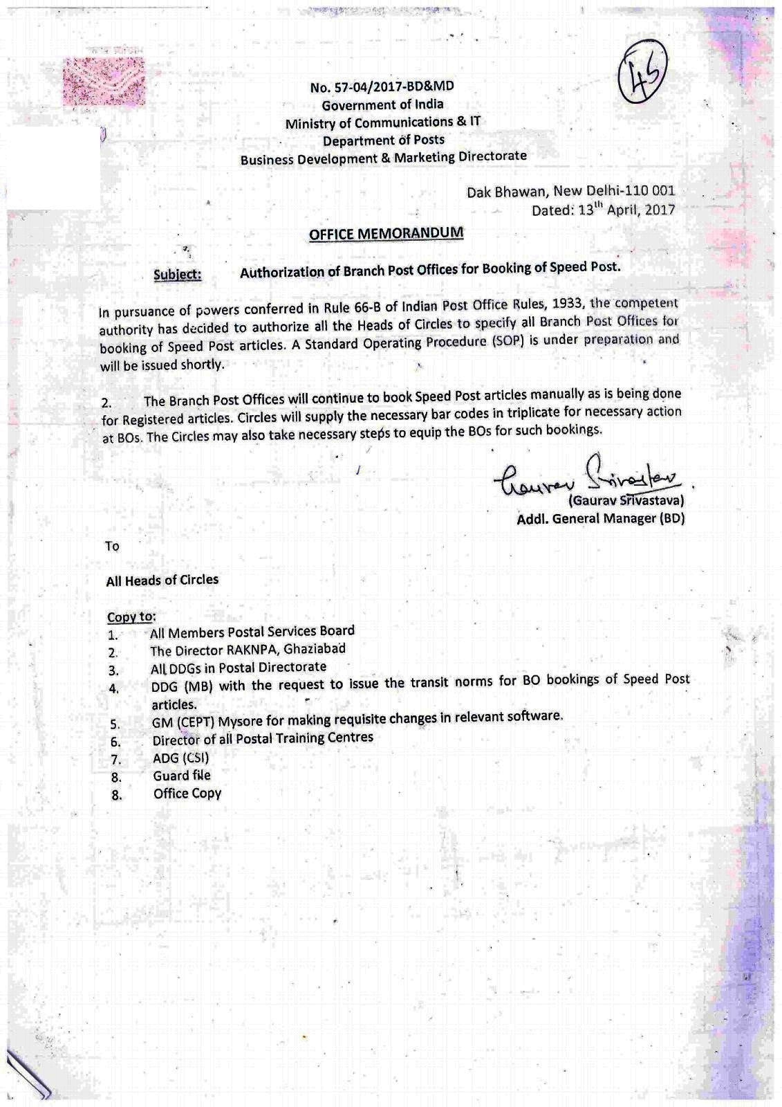 ALL INDIA POSTAL EMPLOYEES UNION - GDS (NFPE): AUTHORIZATION OF BRANCH ...