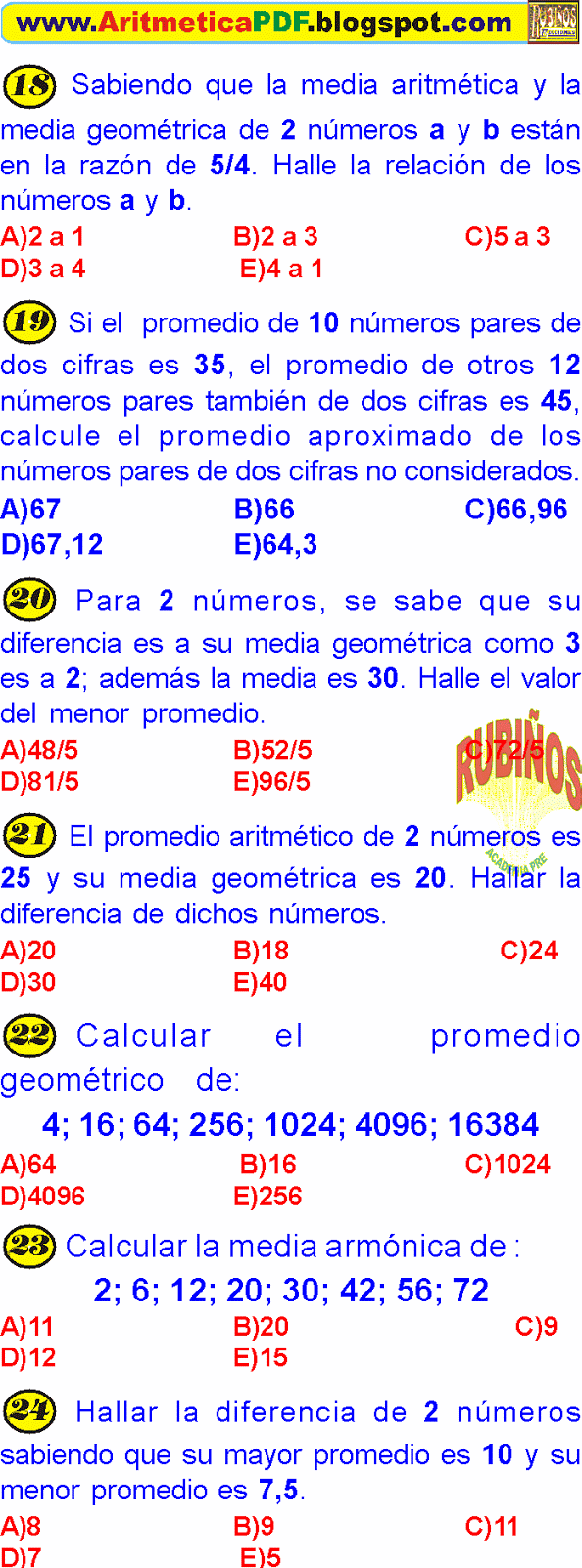 PROMEDIOS MATEMÁTICOS EJERCICIOS RESUELTOS DE ARITMÉTICA BÁSICA