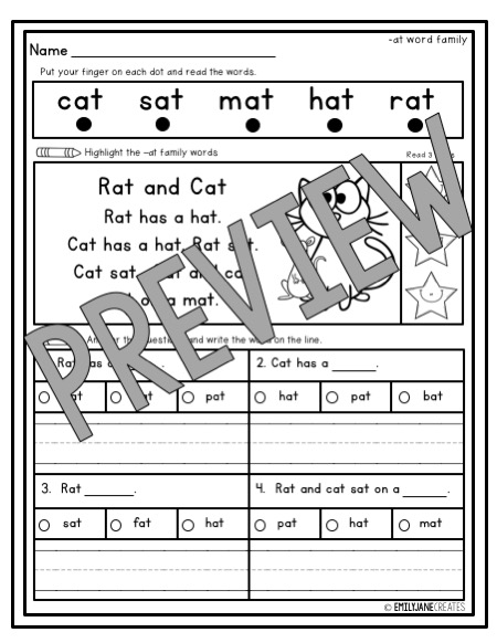 Emily Jane Creates: READING COMPREHENSION PASSAGES-CVC WORD FAMILY WORDS