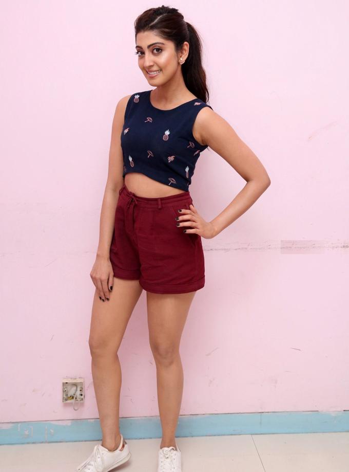 South Indian Model Pranitha Subhash Cross Legs Show In Red Mini Short