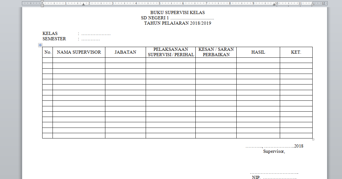 Contoh Format Buku Supervisi Kelas 2018 Jenjang SD - SMA Sederajat