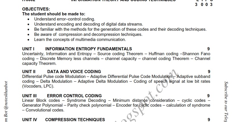 IT6002 Information Theory and Coding Techniques Syllabus Semester VI ...