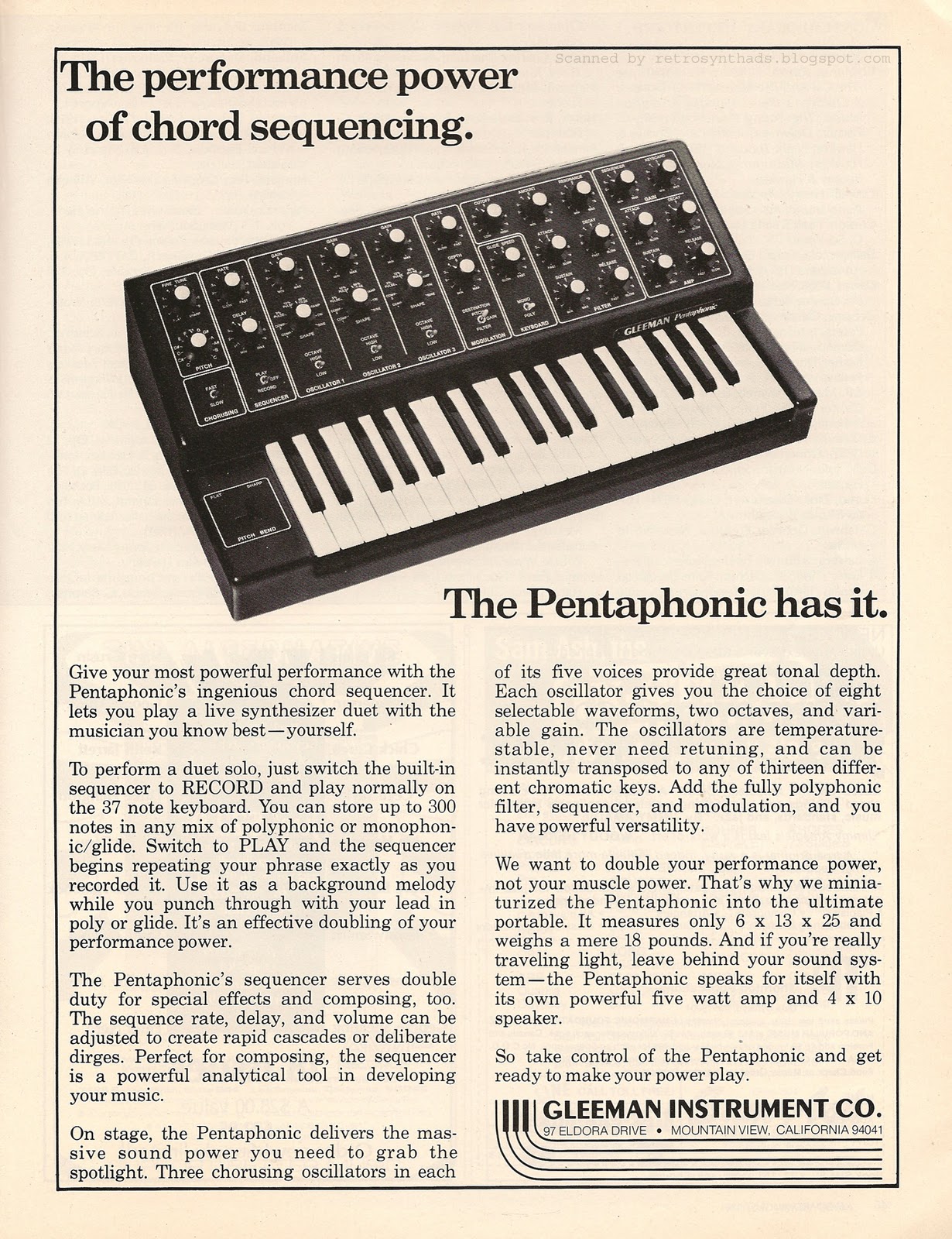 Retro Synth Ads: Gleeman Instruments "The Pentaphonic Clear", Keyboard 1983