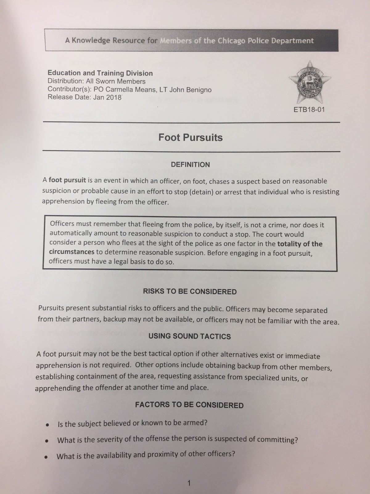 Second City Cop: Foot Pursuit Bulletin