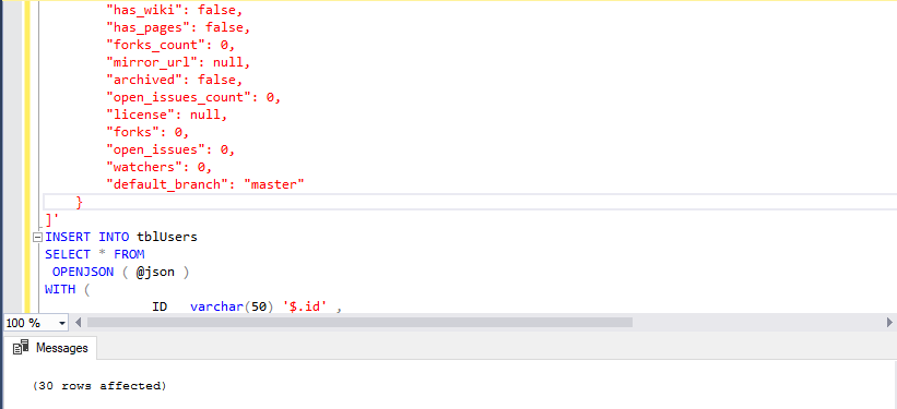 Converting JSON API returned data into 2016 SQL table rows