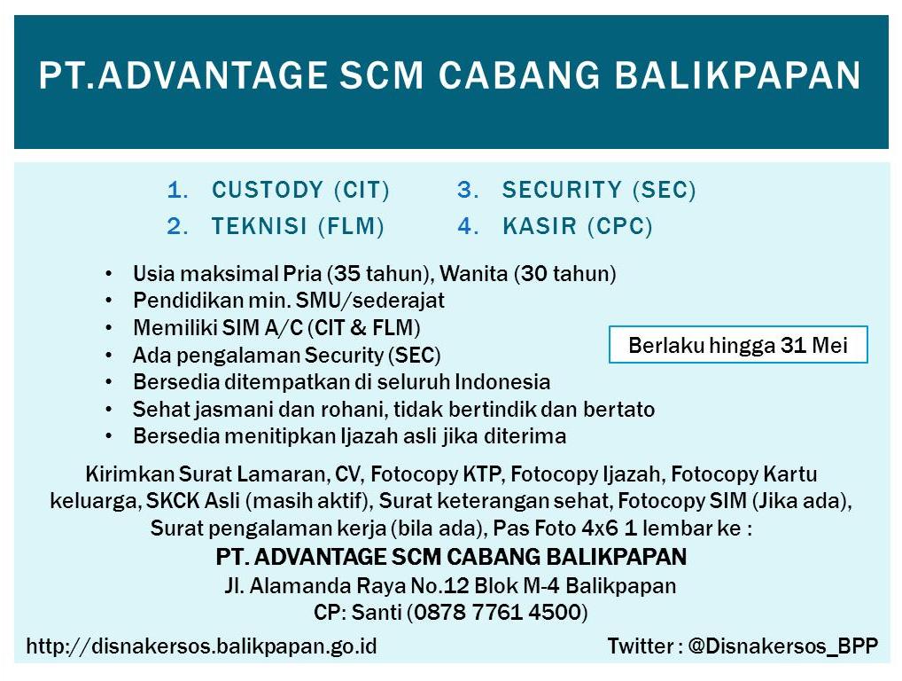 Lowongan Kerja Kota Balikpapan: Lowongan PT.ADVANTAGE SCM CABANG BALIKPAPAN