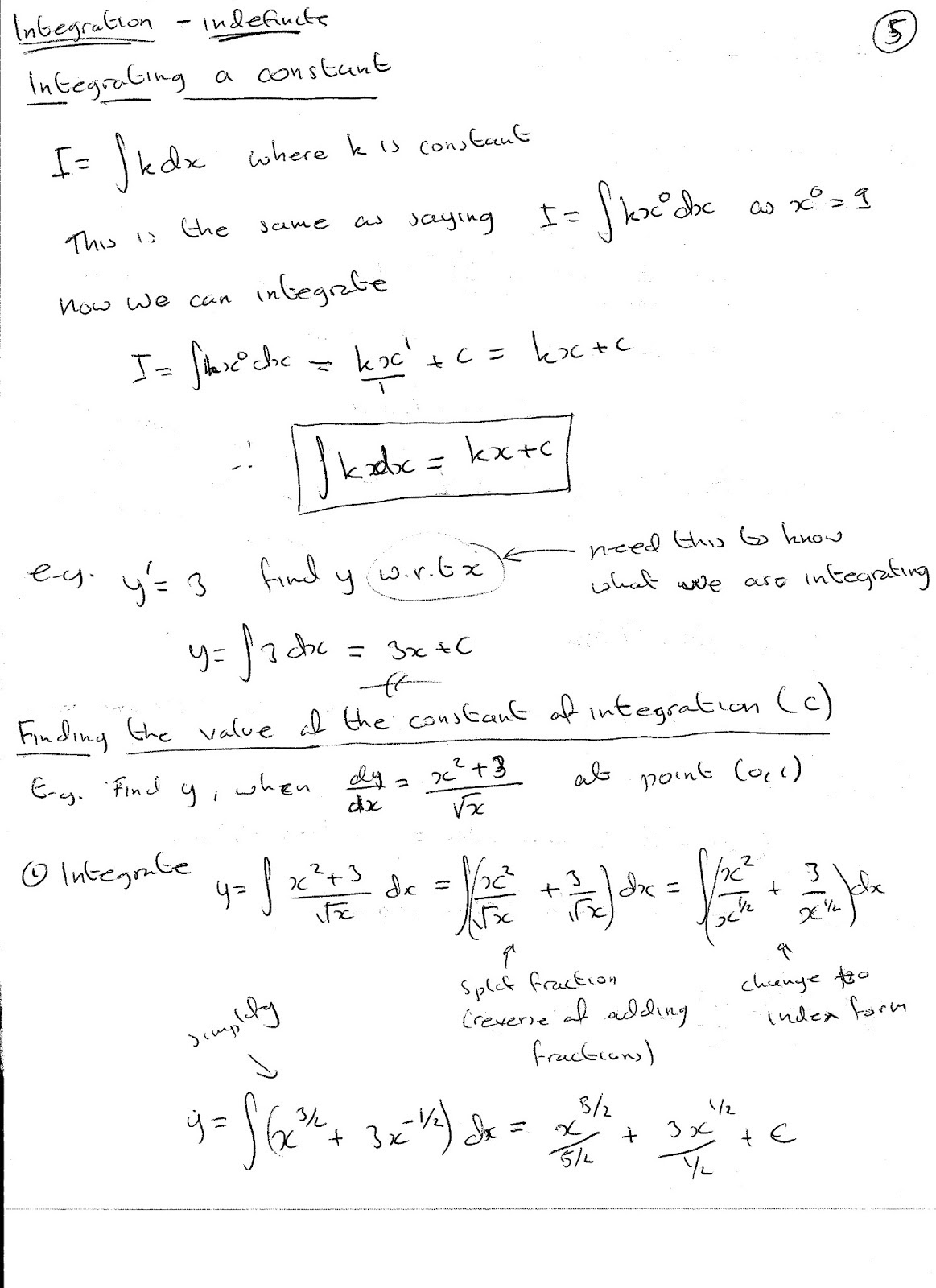 A Level Maths Notes: Integration - Indefinite - Constant