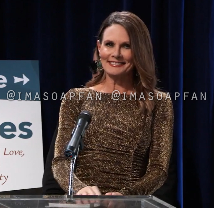 Lucy Coe's Shimmery Gold Ruched Dress - General Hospital, Season 56 ...