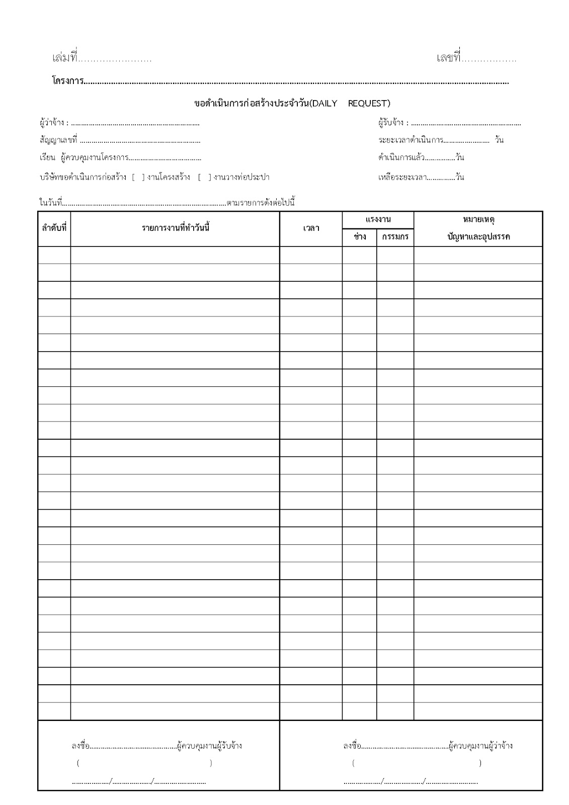ตัวอย่างหนังสือ แบบฟร์อม: ขอดำเนินการก่อสร้างประจำวัน (Daily Request)