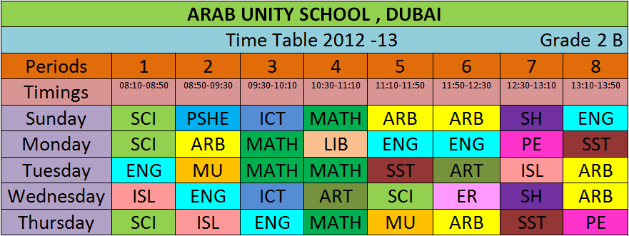 Arab Unity School | Grade 2 | Blog: Time Table